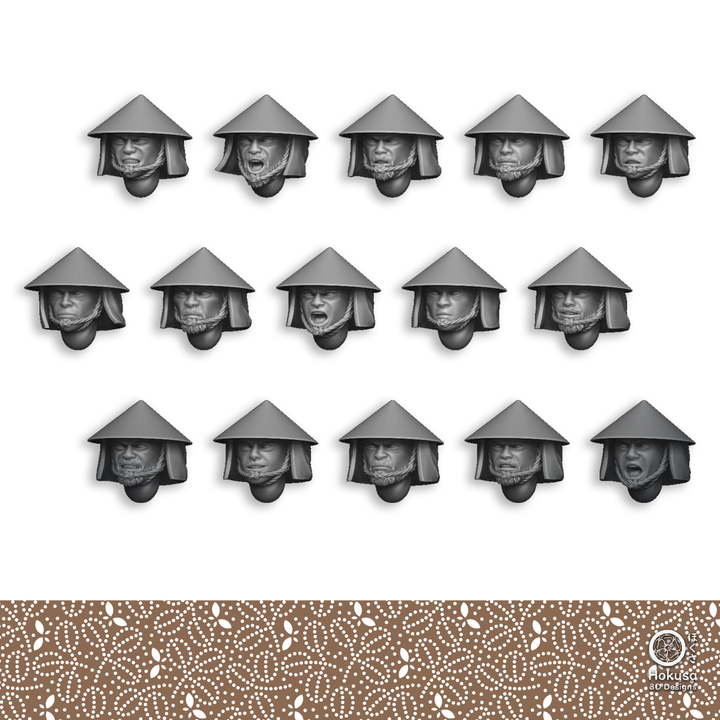 3D Printable Ashigaru Heads with Jingasa (Included in most Ashigaru packs) by Hokusa 3D Designs